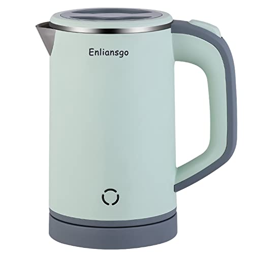 Enliansgo Small Electric Kettle Stainless Steel Double Wall Electric Kettle,0.8L Portable Travel Kettle Stainless Steel with Auto Shut-Off,Hotels/Offices/Travel Mini Electric Kettle （Green）