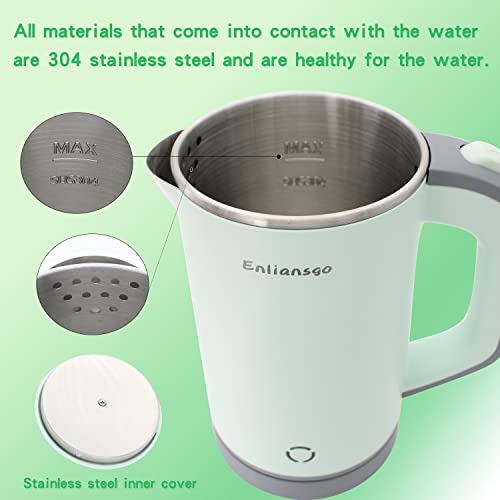 Enliansgo Small Electric Kettle Stainless Steel Double Wall Electric Kettle,0.8L Portable Travel Kettle Stainless Steel with Auto Shut-Off,Hotels/Offices/Travel Mini Electric Kettle （Green）