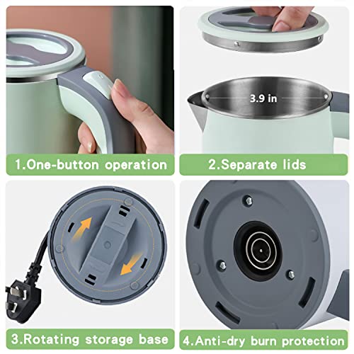 Enliansgo Small Electric Kettle Stainless Steel Double Wall Electric Kettle,0.8L Portable Travel Kettle Stainless Steel with Auto Shut-Off,Hotels/Offices/Travel Mini Electric Kettle （Green）