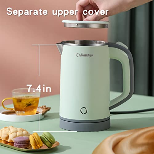 Enliansgo Small Electric Kettle Stainless Steel Double Wall Electric Kettle,0.8L Portable Travel Kettle Stainless Steel with Auto Shut-Off,Hotels/Offices/Travel Mini Electric Kettle （Green）