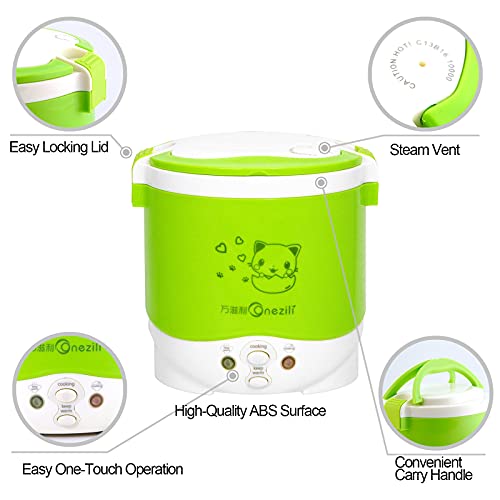 1 Cup Mini Rice Cooker Steamer 12V For Car, Cooking For Soup Porridge and Rice, Cooking Heating and Keeping Warm Function, Can be Used As a Electric Lunch Box (12v green)