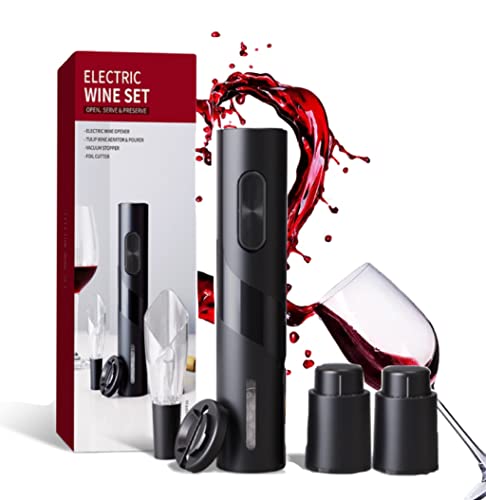 CQKWCGAB Five-Piece Electric Wine Opener Set,Battery Powered Automatic wine bottle opener with Foil Cutter, two Wine Stoppers and Pourer for wine lovers Gift, Kitchen Bar Party Outdoor Wedding helper