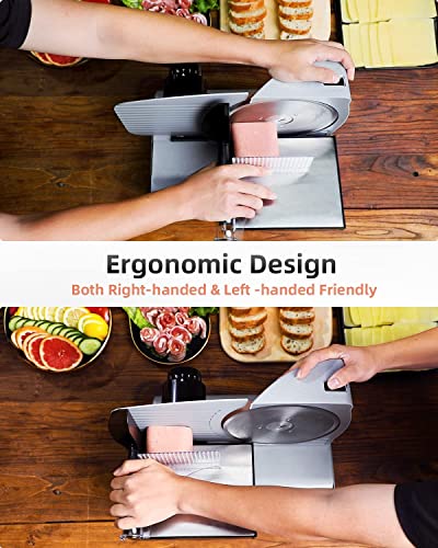 Electric Meat Slicer Machine for Home Use, Adortec Electric Bread Slicer with Extra Smooth Blade & 2 Pushers, Stepless Adjustment Dial, Quick Release Food Carriage-SILVER