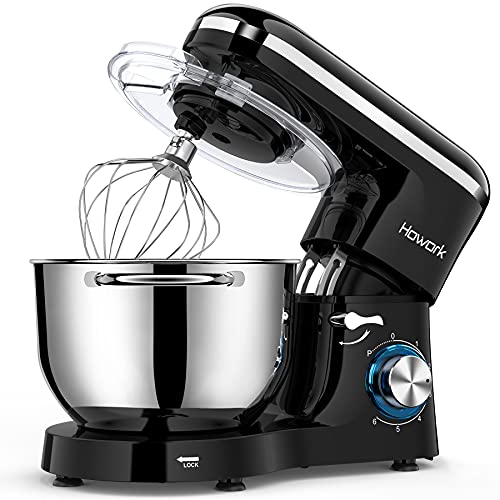 HOWORK Stand Mixer, 660W Electric Kitchen Food Mixer With 6.55 Quart Stainless Steel Bowl, 6-Speed Control Dough Mixer With Dough Hook, Whisk, Beater (6.55 QT, Black)