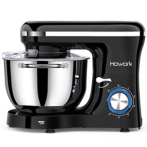 HOWORK Stand Mixer, 660W Electric Kitchen Food Mixer With 6.55 Quart Stainless Steel Bowl, 6-Speed Control Dough Mixer With Dough Hook, Whisk, Beater (6.55 QT, Black)