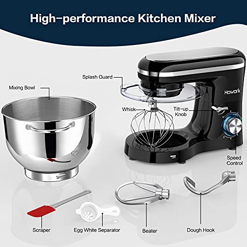 HOWORK Stand Mixer, 660W Electric Kitchen Food Mixer With 6.55 Quart Stainless Steel Bowl, 6-Speed Control Dough Mixer With Dough Hook, Whisk, Beater (6.55 QT, Black)