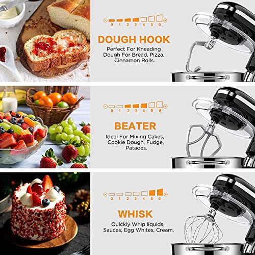 HOWORK Stand Mixer, 660W Electric Kitchen Food Mixer With 6.55 Quart Stainless Steel Bowl, 6-Speed Control Dough Mixer With Dough Hook, Whisk, Beater (6.55 QT, Black)