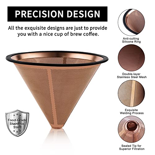 Wedrink Stainless Steel Pour Over Coffee Filter Reusable and Permanent V60 Coffee Cone Dripper Mesh Coffee Filter Paperless Coffee Maker (Rose Gold)