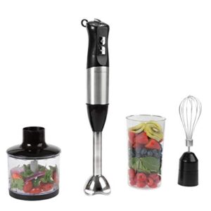 Classic Cuisine Immersion Blender-4-In-1 6 Speed Hand Mixer Set Whisk, Food Processor Cup, 32oz. Beaker, For Soup, Milkshakes, Salsa, Black