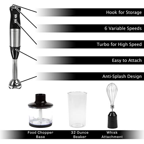 Classic Cuisine Immersion Blender-4-In-1 6 Speed Hand Mixer Set Whisk, Food Processor Cup, 32oz. Beaker, For Soup, Milkshakes, Salsa, Black