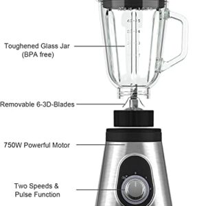 Smoothie Blender, 750W Blenders for Kitchen, Blender for Shakes and Smoothies with 48 oz Tritan Glass Jar, Professional Kitchen Blender, 6 Stainless Steel Blades, 2 Adjustable Speed and Pulse Function