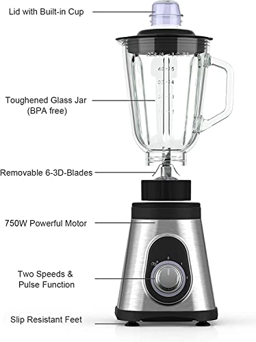 Smoothie Blender, 750W Blenders for Kitchen, Blender for Shakes and Smoothies with 48 oz Tritan Glass Jar, Professional Kitchen Blender, 6 Stainless Steel Blades, 2 Adjustable Speed and Pulse Function