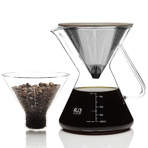 ovalware Pour Over Coffee Dripper Maker - (17oz / 0.5L) Unlock New Flavors with Paperless Stainless Steel Filter, Precision Measuring Cup and Carafe