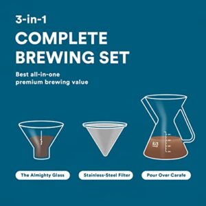 ovalware Pour Over Coffee Dripper Maker - (17oz / 0.5L) Unlock New Flavors with Paperless Stainless Steel Filter, Precision Measuring Cup and Carafe