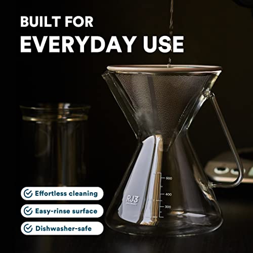 ovalware Pour Over Coffee Dripper Maker - (17oz / 0.5L) Unlock New Flavors with Paperless Stainless Steel Filter, Precision Measuring Cup and Carafe