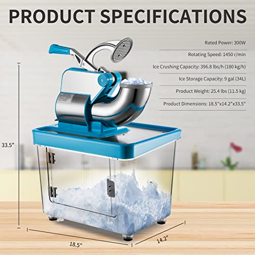 SmarketBuy Commercial Snow Cone Machine 110V Ice Crusher 396.8LBS/H Productivity Stainless Steel Double Blade 1450R/M Speedy Electric Ice Shaver with Storage Box