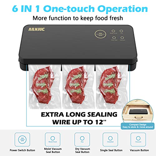 Vacuum Sealer Machine Preservation AILNJUC - Automatic Food Sealer Vacuum Sealer Built-in Cutter,with Air Sealing System & Bag Storage,Compact Design,Dry & Moist Food Modes,Led Indicator Lights