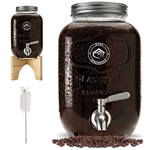 Cold Brew Coffee Maker with Stand - 1 Gallon EXTRA-THICK Glass Carafe & Stainless Steel Mesh Filter and Spigot - Premium Iced Coffee Maker, Cold Brew Pitcher & Tea Infuser