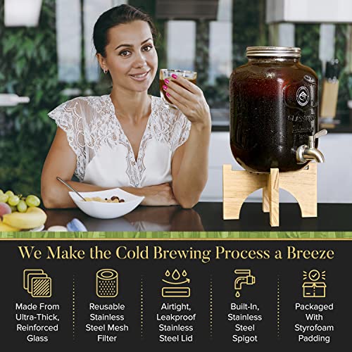 Cold Brew Coffee Maker with Stand - 1 Gallon EXTRA-THICK Glass Carafe & Stainless Steel Mesh Filter and Spigot - Premium Iced Coffee Maker, Cold Brew Pitcher & Tea Infuser