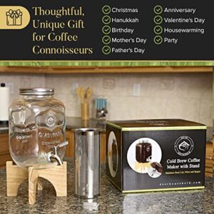 Cold Brew Coffee Maker with Stand - 1 Gallon EXTRA-THICK Glass Carafe & Stainless Steel Mesh Filter and Spigot - Premium Iced Coffee Maker, Cold Brew Pitcher & Tea Infuser