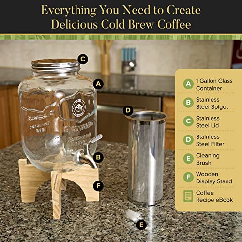 Cold Brew Coffee Maker with Stand - 1 Gallon EXTRA-THICK Glass Carafe & Stainless Steel Mesh Filter and Spigot - Premium Iced Coffee Maker, Cold Brew Pitcher & Tea Infuser