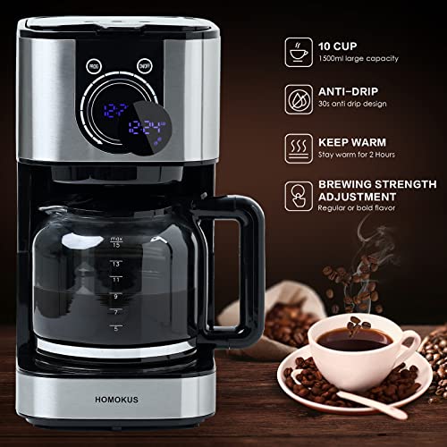 HOMOKUS 10 Cup Coffee Maker - Programmable Drip Coffee Maker -Stainless Steel Drip Coffee Machine with Timer, Brew Strength Control, LCD Screen and Anti-Drip System