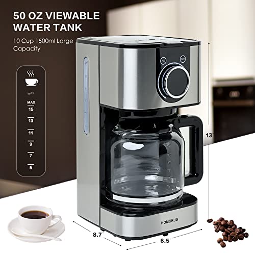 HOMOKUS 10 Cup Coffee Maker - Programmable Drip Coffee Maker -Stainless Steel Drip Coffee Machine with Timer, Brew Strength Control, LCD Screen and Anti-Drip System