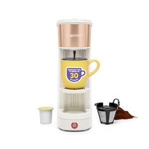 chefman instacoffee max, the easiest way to brew the boldest single-serve coffee, use fresh and flavorful grounds or k-cups with a convenient built-in lift, ivory