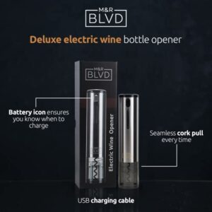 Electric Wine Bottle Opener by M&R Blvd. - Deluxe Rechargeable Stainless Steel Electric Corkscrew, USB Charging Cable - Premium Bar Accessory & Wine Gift