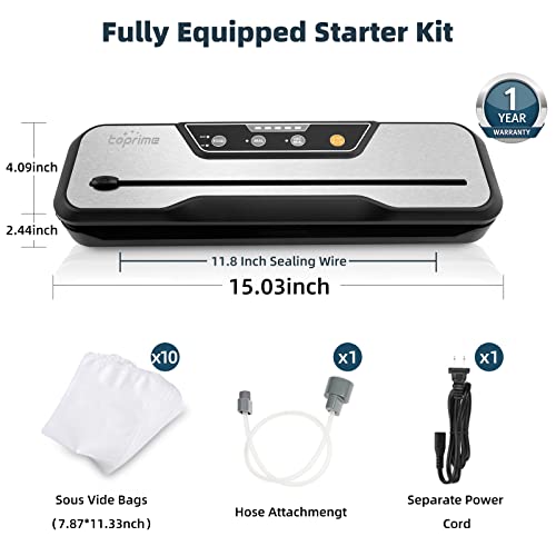 Toprime Vacuum Sealer Machine VS6612, 80Kpa Powerful Food Sealer Built-in Cutter with Sealing Bag and Hose, Vacuum Air Sealing System for Seal a Meal and Sous Vide