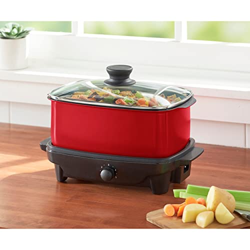 BrylaneHome 5 Quart Slow Cooker With Griddle & Tote Bag, Red