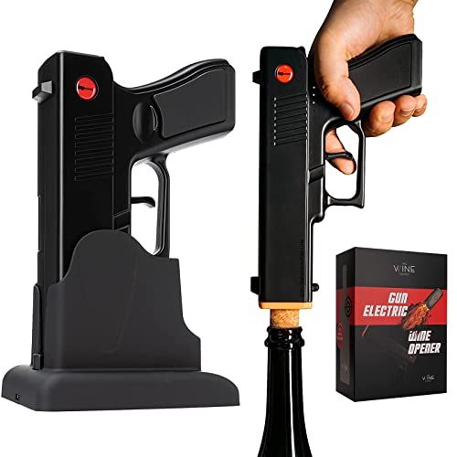 Electric Gun Wine Corkscrew Bottle Opener - Rechargeable Holster Base Cordless Battery - Automatically Open Wines Multifunctional Electronic Cork Puller - Guns Enthusiasts Gift & Vino Lovers (Black)