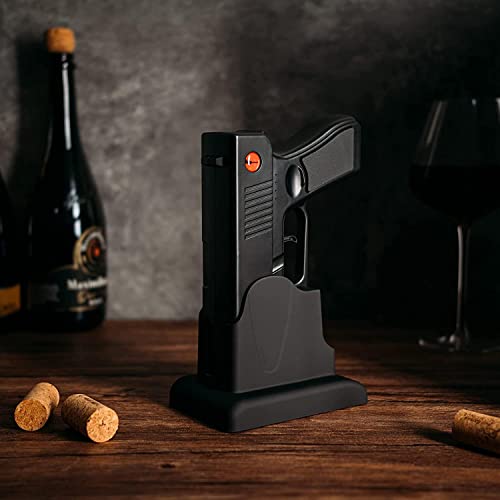 Electric Gun Wine Corkscrew Bottle Opener - Rechargeable Holster Base Cordless Battery - Automatically Open Wines Multifunctional Electronic Cork Puller - Guns Enthusiasts Gift & Vino Lovers (Black)