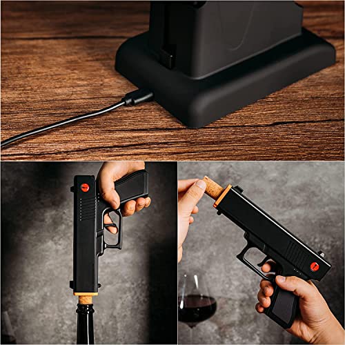 Electric Gun Wine Corkscrew Bottle Opener - Rechargeable Holster Base Cordless Battery - Automatically Open Wines Multifunctional Electronic Cork Puller - Guns Enthusiasts Gift & Vino Lovers (Black)