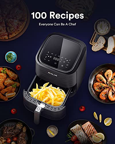 Air Fryer, Milin 1700w XL Air Fryer with 100 Recipes Cookbook, LED Touch Screen Electric Hot Air Fryer Oven with 7 Presets, 5.8 QT Digital Air Fryer with 7 Presets, Non-stick Oilless Cooker