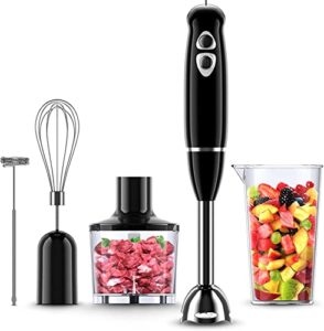 multi-use immersion blender, hand blender with powerful copper motor 800w, high speed, turbo mode, 3 in 1 handheld blender stick stainless steel blades, whisk, beaker with measuring marks, and chopper