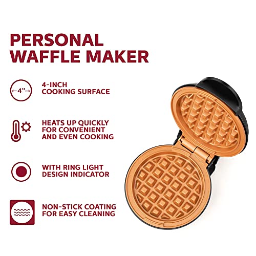 Holstein Housewares 4” Personal Waffle Maker, Black/Copper - Delicious Waffles in Minutes