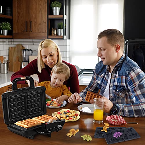 Mini Waffle Maker Waffle Iron Dinosaur Waffle Maker for Kids 7 Unique Dino Waffle in Minutes, Electric Nonstick Waffle Pancakes Maker with Removable Plates Breakfast Maker Machine (Double Set)