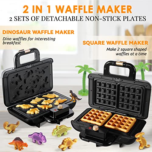 Mini Waffle Maker Waffle Iron Dinosaur Waffle Maker for Kids 7 Unique Dino Waffle in Minutes, Electric Nonstick Waffle Pancakes Maker with Removable Plates Breakfast Maker Machine (Double Set)