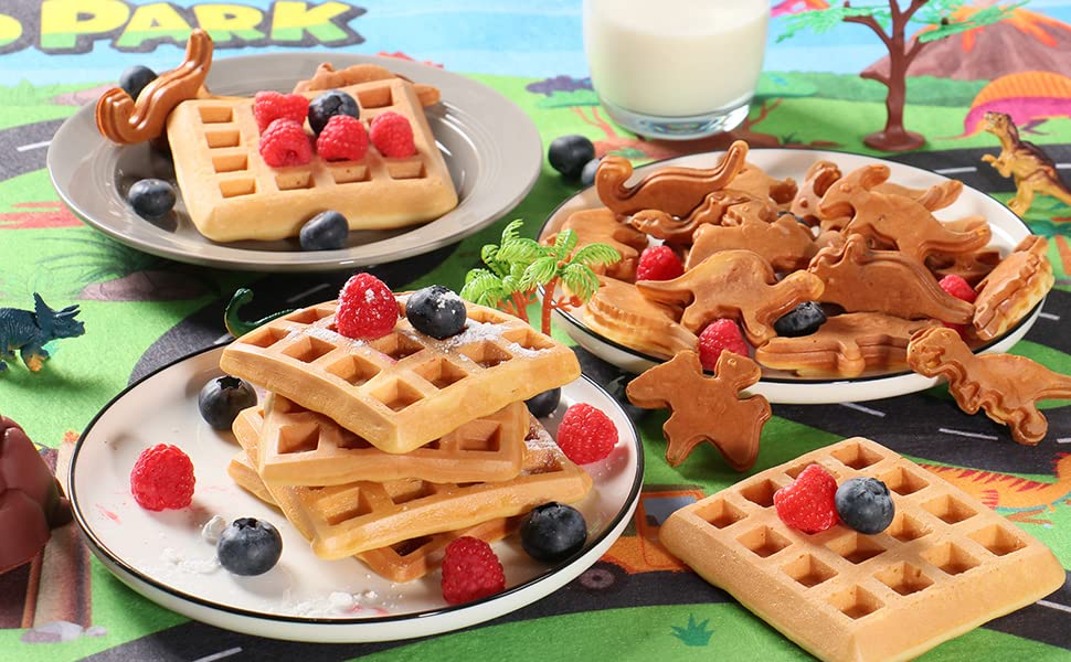 Mini Waffle Maker Waffle Iron Dinosaur Waffle Maker for Kids 7 Unique Dino Waffle in Minutes, Electric Nonstick Waffle Pancakes Maker with Removable Plates Breakfast Maker Machine (Double Set)