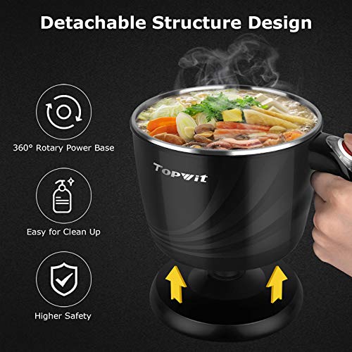 Topwit Electric Hot Pot Mini, 1.2 Liter Electric Cooker, Noodles Cooker, Electric Kettle with Multi-Function for Steam, Egg, Soup and Stew with Over-Heating Protection, Boil Dry Protection, Dual Power