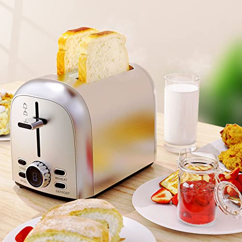 Toaster 2 Slice, Extra Wide Slot Bread Toaster with 7 Shade Settings & Removable Crumb Tray, Stainless Steel 2 Slice Toaster with Bagel Defrost Reheat Cancel Function and LED Display 850W 120V