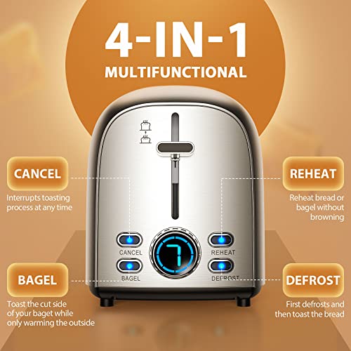 Toaster 2 Slice, Extra Wide Slot Bread Toaster with 7 Shade Settings & Removable Crumb Tray, Stainless Steel 2 Slice Toaster with Bagel Defrost Reheat Cancel Function and LED Display 850W 120V