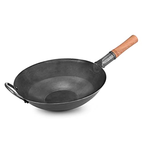 Hodebe Carbon Steel Wok Pan – 14 “ Woks and Stir Fry Pans - Chinese Wok with Round Bottom Pow Wok - Traditional Chinese Japanese Woks - Black Steel Wok