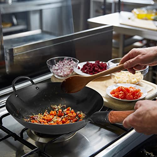 Hodebe Carbon Steel Wok Pan – 14 “ Woks and Stir Fry Pans - Chinese Wok with Round Bottom Pow Wok - Traditional Chinese Japanese Woks - Black Steel Wok