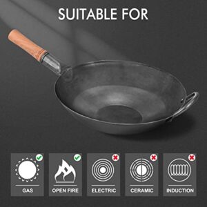 Hodebe Carbon Steel Wok Pan – 14 “ Woks and Stir Fry Pans - Chinese Wok with Round Bottom Pow Wok - Traditional Chinese Japanese Woks - Black Steel Wok