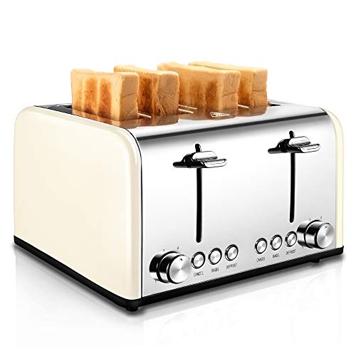 Toaster 4 Slice, CUSIBOX Retro Stainless Steel Extra Wide Slots Toaster with Bagel, Defrost, Cancel Function, 6 Bread Shade Settings, 1650W, Cream