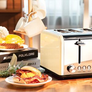 Toaster 4 Slice, CUSIBOX Retro Stainless Steel Extra Wide Slots Toaster with Bagel, Defrost, Cancel Function, 6 Bread Shade Settings, 1650W, Cream