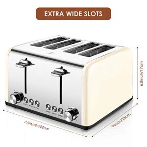 Toaster 4 Slice, CUSIBOX Retro Stainless Steel Extra Wide Slots Toaster with Bagel, Defrost, Cancel Function, 6 Bread Shade Settings, 1650W, Cream