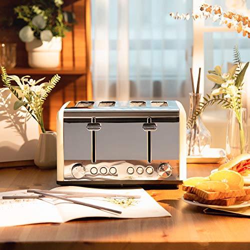 Toaster 4 Slice, CUSIBOX Retro Stainless Steel Extra Wide Slots Toaster with Bagel, Defrost, Cancel Function, 6 Bread Shade Settings, 1650W, Cream